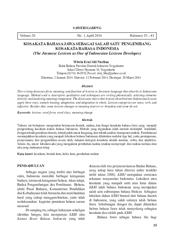 (PDF) KOSAKATA BAHASA JAWA SEBAGAI SALAH SATU PENGEMBANG KOSAKATA BAHASA INDONESIA (The Javanese ...