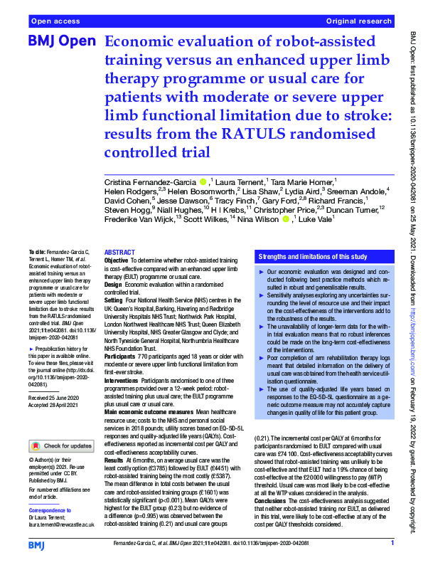 (PDF) Cost-effectiveness of Robot-Assisted Training for Stroke Patients