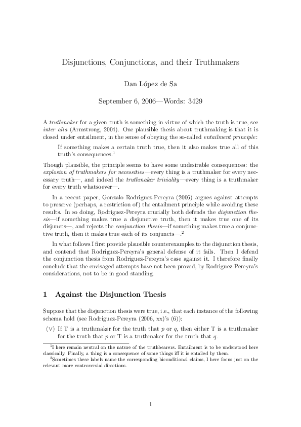 (PDF) Disjunctions, Conjunctions, and their Truthmakers