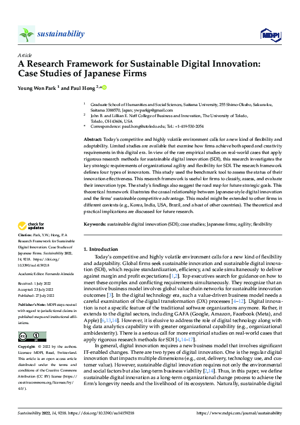 (PDF) A Research Framework for Sustainable Digital Innovation: Case Studies of Japanese Firms