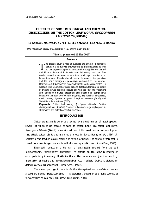(PDF) Efficacy of Some Biological and Chemical Insecticides on the Cotton Leaf Worm, Spodoptera ...