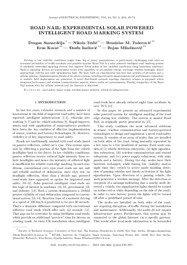 (PDF) Road Nail: Experimental Solar Powered Intelligent Road Marking System
