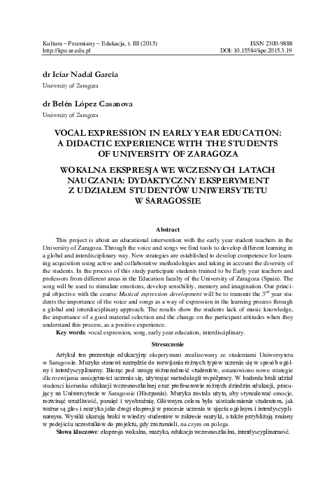 (PDF) Vocal expression in early year education: a didactic experience with the students of ...