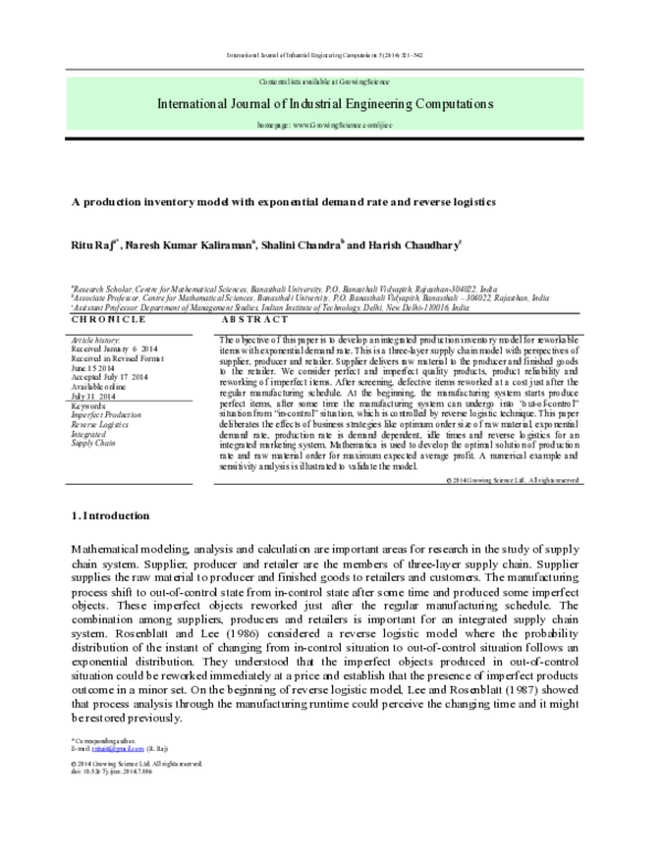 Pdf A Production Inventory Model With Exponential Demand Rate And Reverse Logistics Shalini