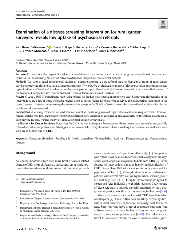 (PDF) Examination of a distress screening intervention for rural cancer survivors reveals low ...