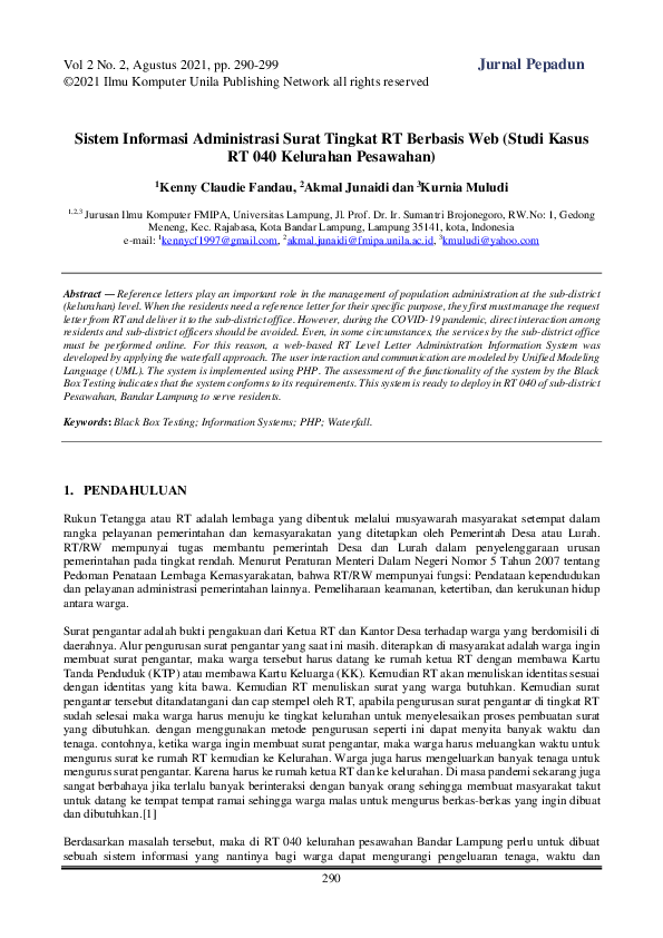(PDF) Sistem Informasi Administrasi Surat Tingkat RT Berbasis Web (Studi Kasus RT 040 Kelurahan ...