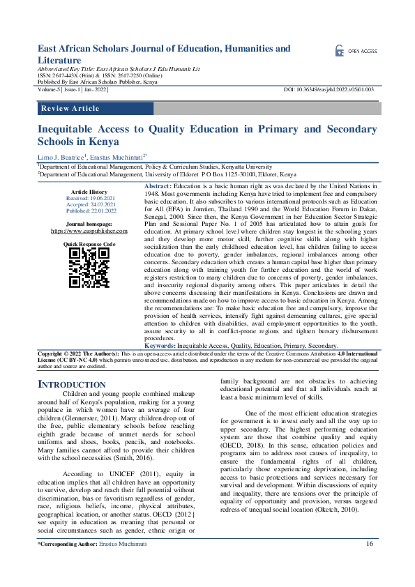 (PDF) Inequitable Access to Quality Education in Primary and Secondary Schools in Kenya