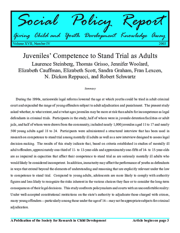 (PDF) Juveniles' Competence to Stand Trial as Adults