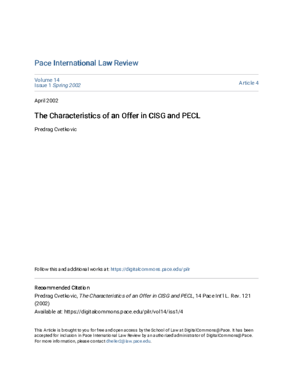 (PDF) The Characteristics of an Offer in CISG and PECL