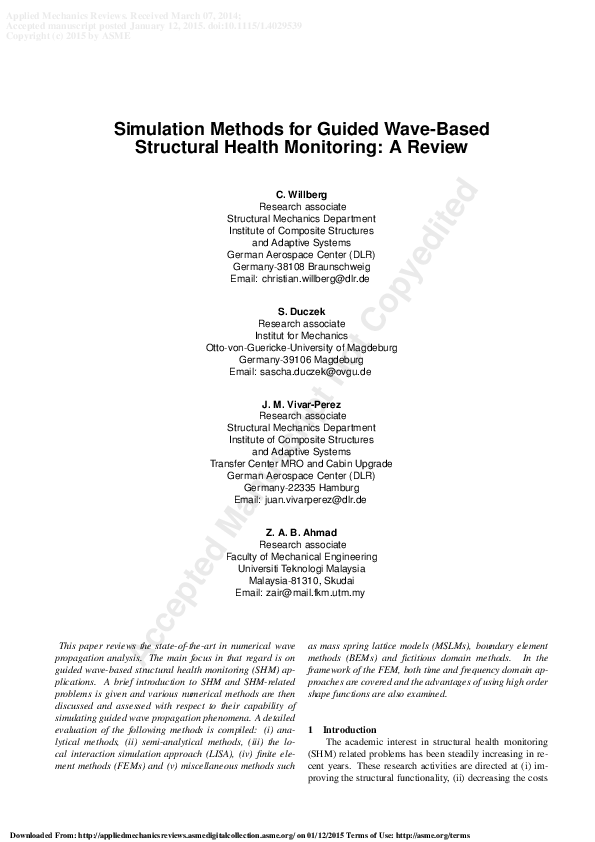 Pdf Simulation Methods For Guided Wave Based Structural Health Monitoring A Review