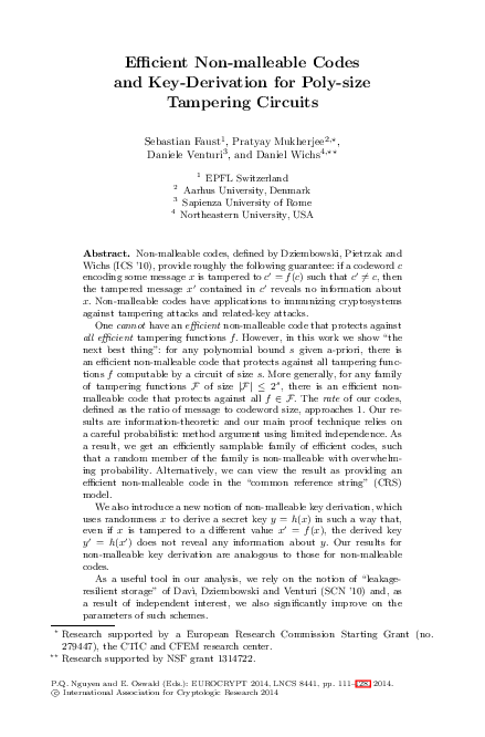 (PDF) Efficient Non-malleable Codes and Key-Derivation for Poly-size Tampering Circuits ...