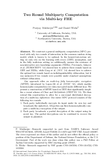 (PDF) Two Round Multiparty Computation via Multi-key FHE