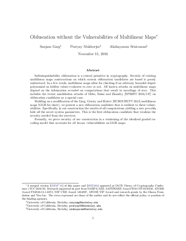 (PDF) Obfuscation without the Vulnerabilities of Multilinear Maps ...