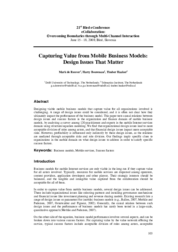 (PDF) Capturing value from mobile business models: design issues that matter