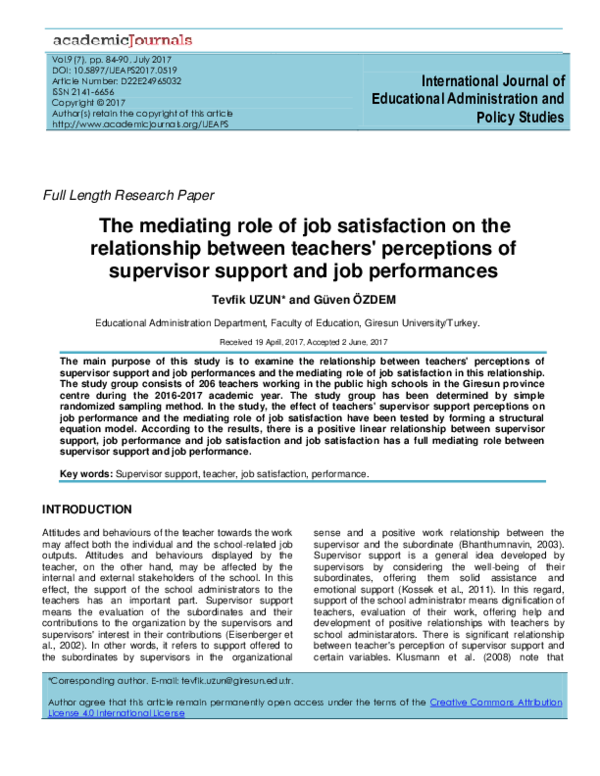 Pdf The Mediating Role Of Job Satisfaction On The Relationship Between Teachers Perceptions Of
