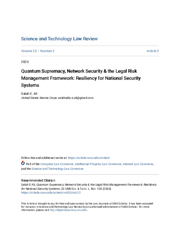 (PDF) Quantum Supremacy, Network Security & the Legal Risk Management Framework: Resiliency for ...