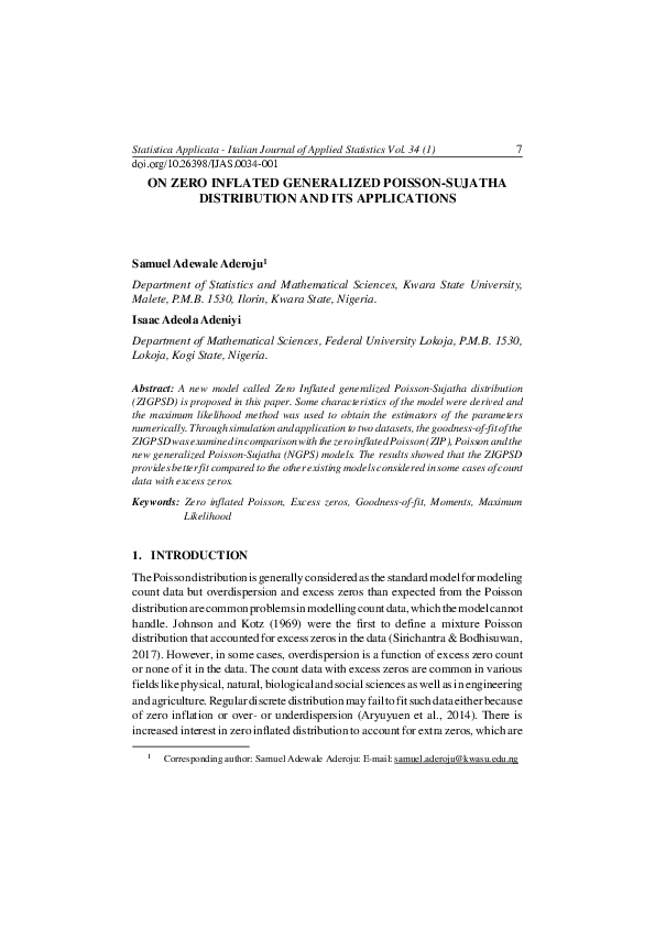 (PDF) ON ZERO INFLATED GENERALIZED POISSON-SUJATHA DISTRIBUTION AND ITS APPLICATIONS