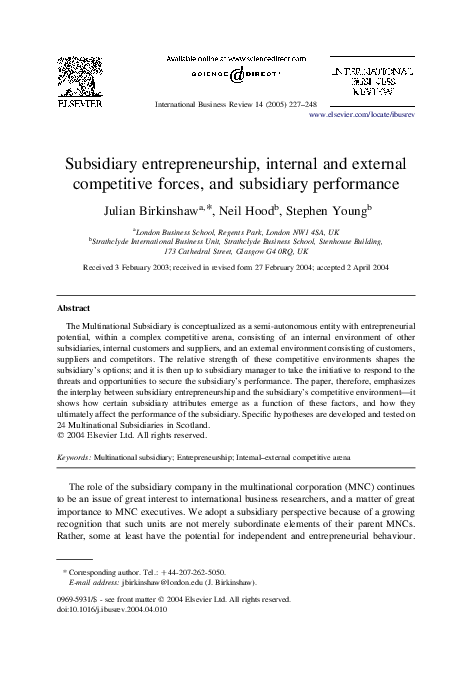(PDF) Subsidiary entrepreneurship, internal and external competitive forces, and subsidiary ...