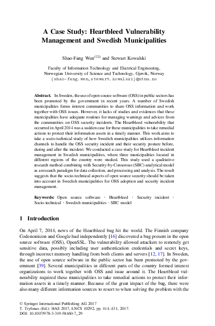 (PDF) A Case Study: Heartbleed Vulnerability Management and Swedish Municipalities
