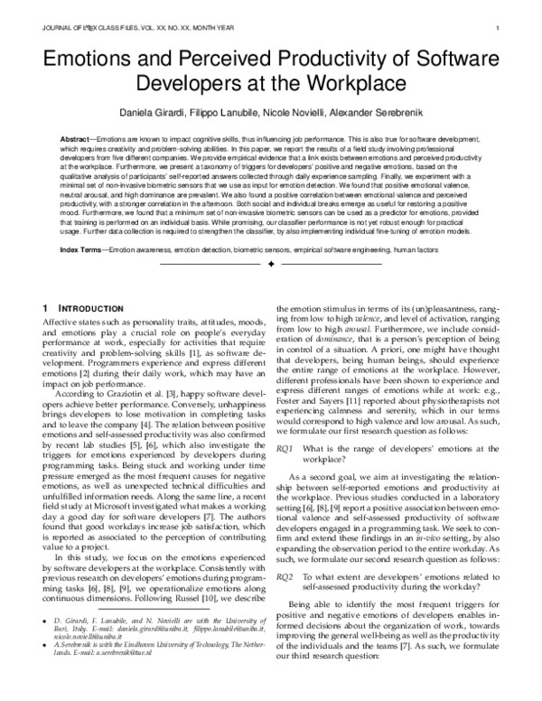 (PDF) Emotions and Perceived Productivity of Software Developers at the ...