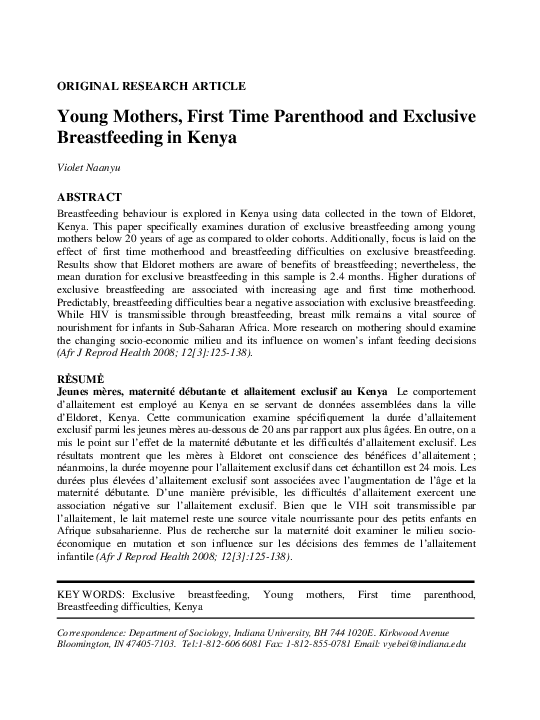 (PDF) ORIGINAL RESEARCH ARTICLE Young Mothers, First Time Parenthood ...