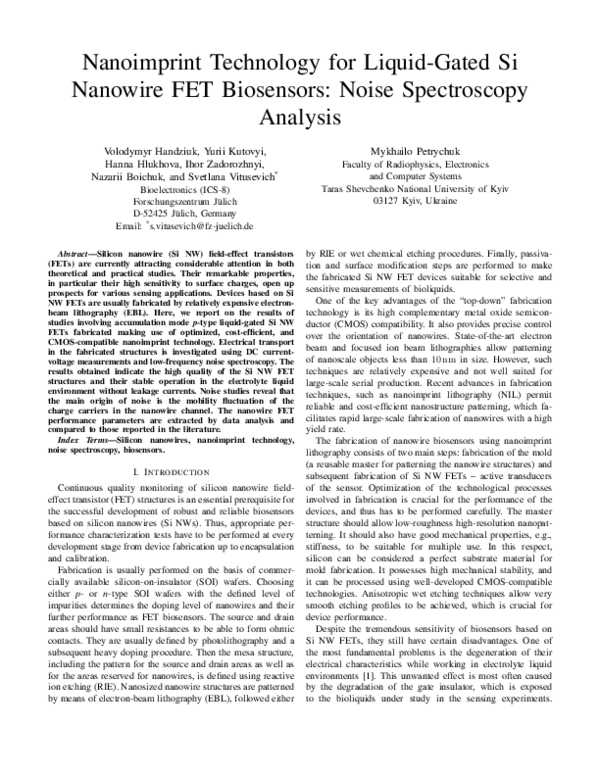 (PDF) Nanoimprint Technology for Liquid-Gated Si Nanowire FET Biosensors: Noise Spectroscopy ...