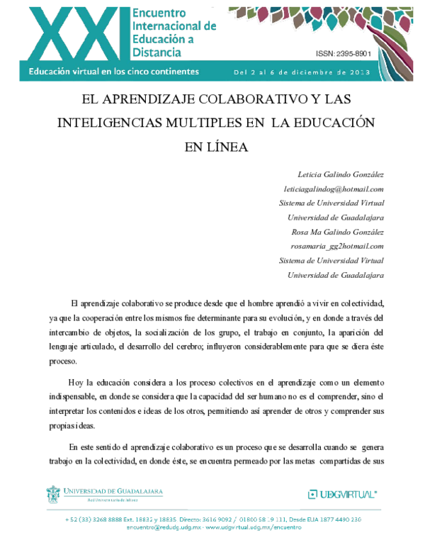(PDF) El Aprendizaje Colaborativo y Las Inteligencias Multiples en La Educación en Línea