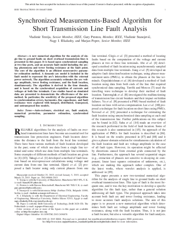 (PDF) Synchronized Measurements-Based Algorithm for Short Transmission Line Fault Analysis