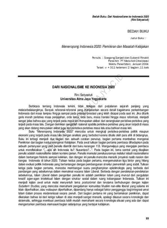 (PDF) Meneropong Indonesia 2020: Pemikiran dan Masalah Kebijakan