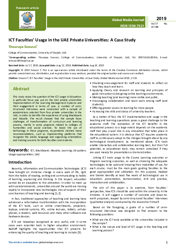 (PDF) ICT Faculties' Usage in the UAE Private Universities: A Case Study