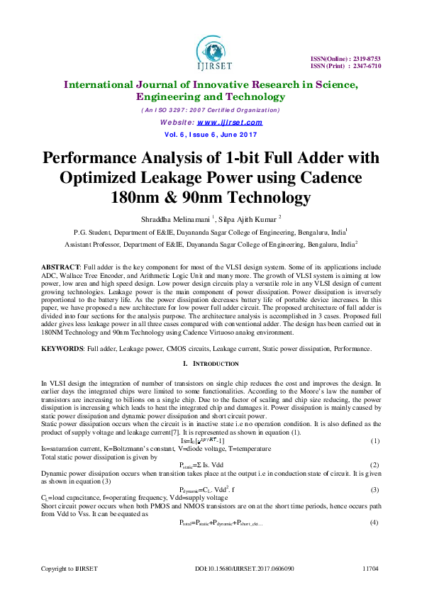 Pdf Performance Analysis Of 1 Bit Full Adder With Optimized Leakage Power Using Cadence 180nm