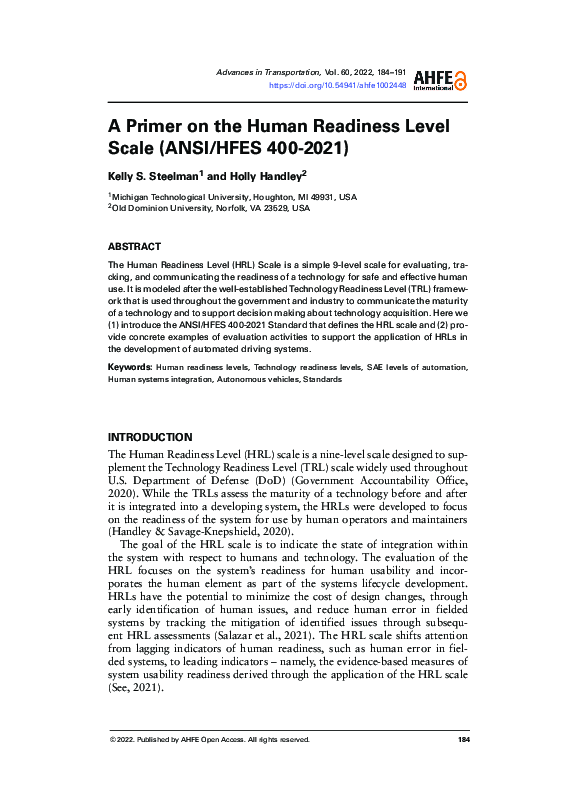 (PDF) A Primer on the Human Readiness Level Scale (ANSI/HFES 400-2021)
