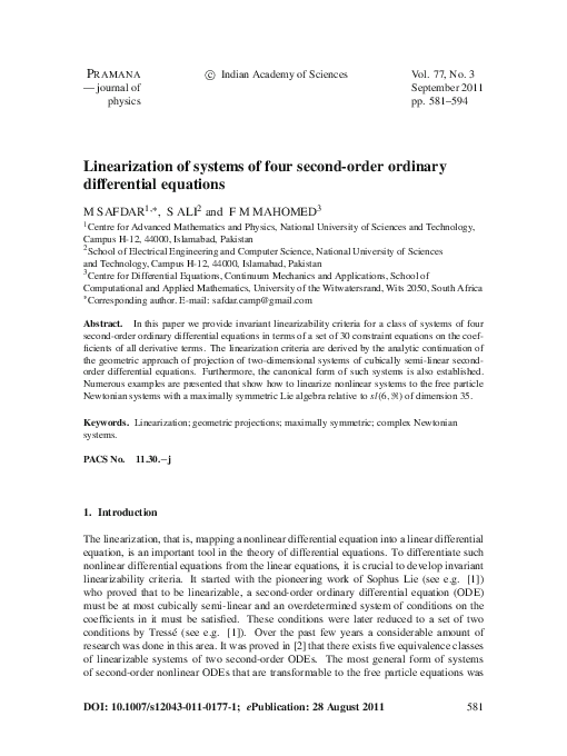 (PDF) Linearization of systems of four second-order ordinary differential equations