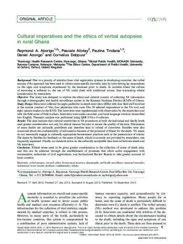 (PDF) Cultural imperatives and the ethics of verbal autopsies in rural ...