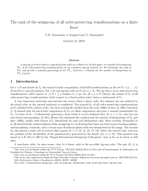 (PDF) The Rank of the Semigroup of All Order-Preserving Transformations on a Finite Fence