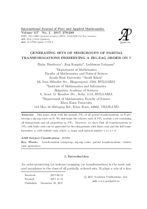 (PDF) GENERATING SETS OF SEMIGROUPS OF PARTIAL TRANSFORMATIONS PRESERVING A ZIG-ZAG ORDER ON ...