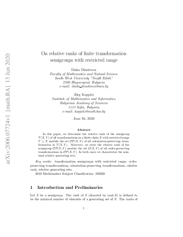 Pdf On Relative Ranks Of Finite Transformation Semigroups With Restricted Range