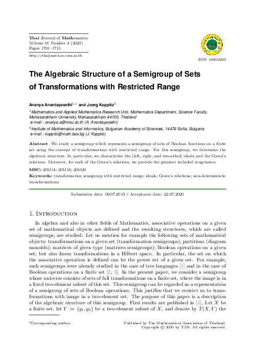 (PDF) The Algebraic Structure of a Semigroup of Sets of Transformations with Restricted Range