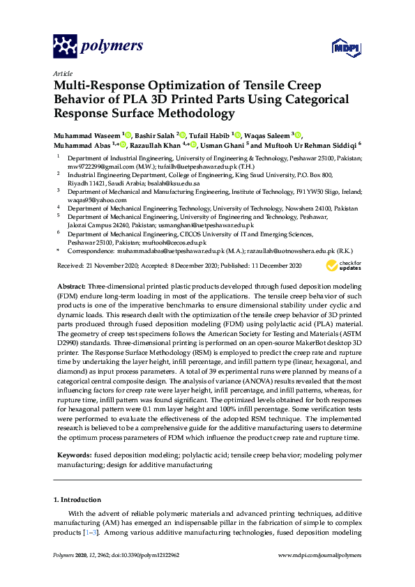 (PDF) Multi-Response Optimization of Tensile Creep Behavior of PLA 3D ... (PDF) Multi-Response Optimization of Tensile Creep Behavior of PLA 3D ...