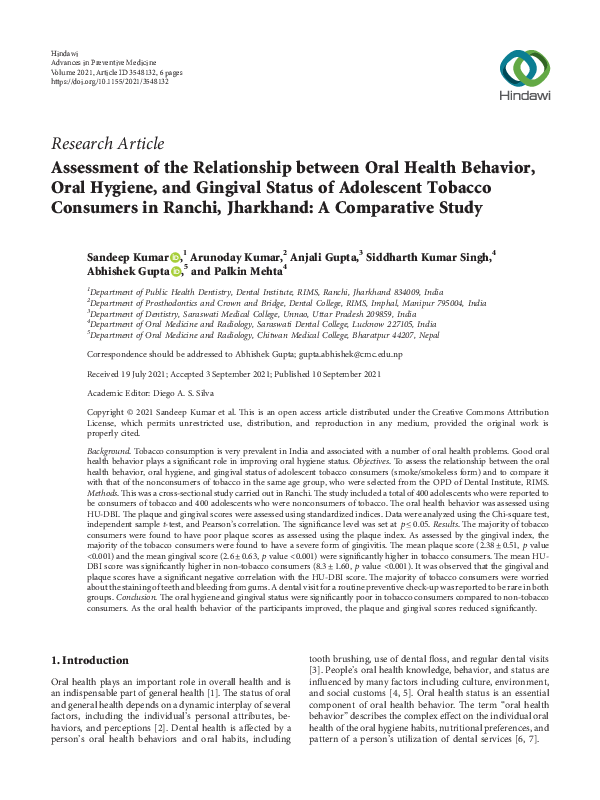 (PDF) Assessment of the Relationship between Oral Health Behavior, Oral Hygiene, and Gingival ...
