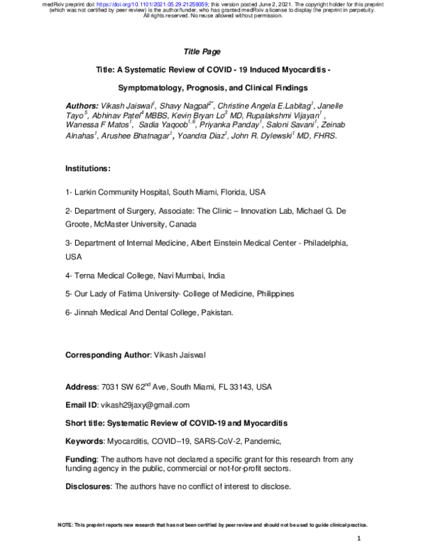 (PDF) A Systematic Review of COVID - 19 Induced Myocarditis - Symptomatology, Prognosis, and ...