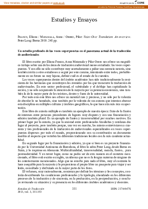 (PDF) FRANCO, Eliana / MATAMALA, Anna / ORERO, Pilar: "Voice-Over ...