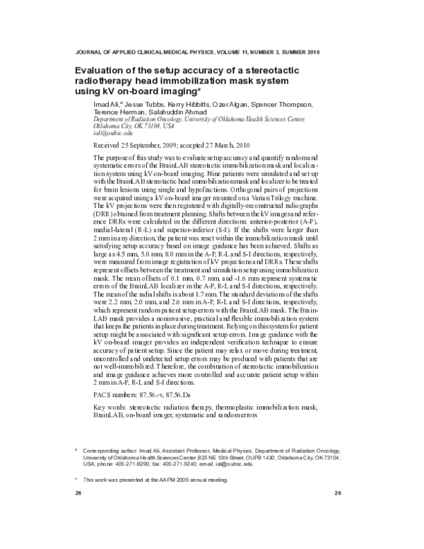 (PDF) Evaluation of the setup accuracy of a stereotactic radiotherapy ...