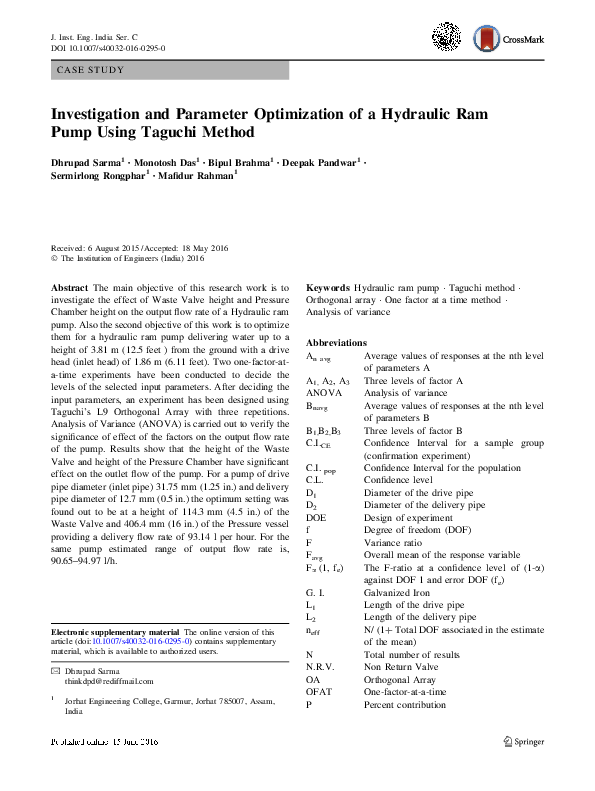 (PDF) Investigation and Parameter Optimization of a Hydraulic Ram Pump Using Taguchi Method