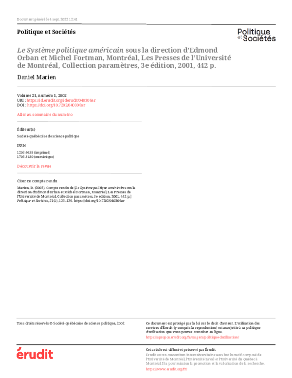 (PDF) Le Système politique américain sous la direction d’Edmond Orban ...