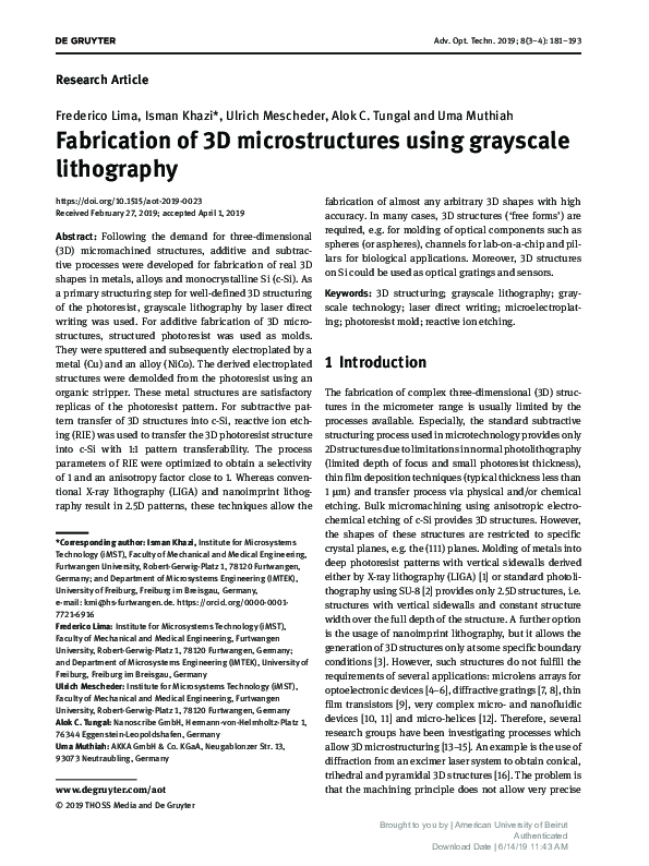 (PDF) Fabrication of 3D microstructures using grayscale lithography