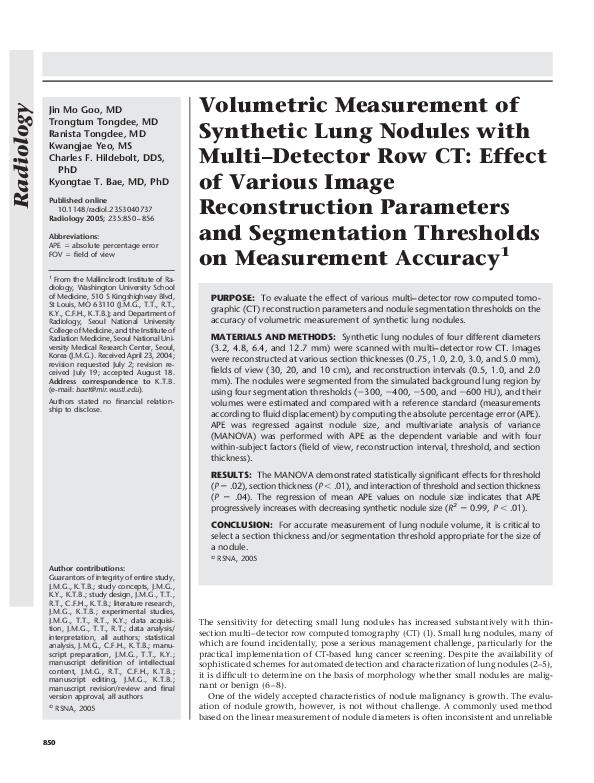 Pdf Volumetric Measurement Of Synthetic Lung Nodules With Multi Detector Row Ct Effect Of