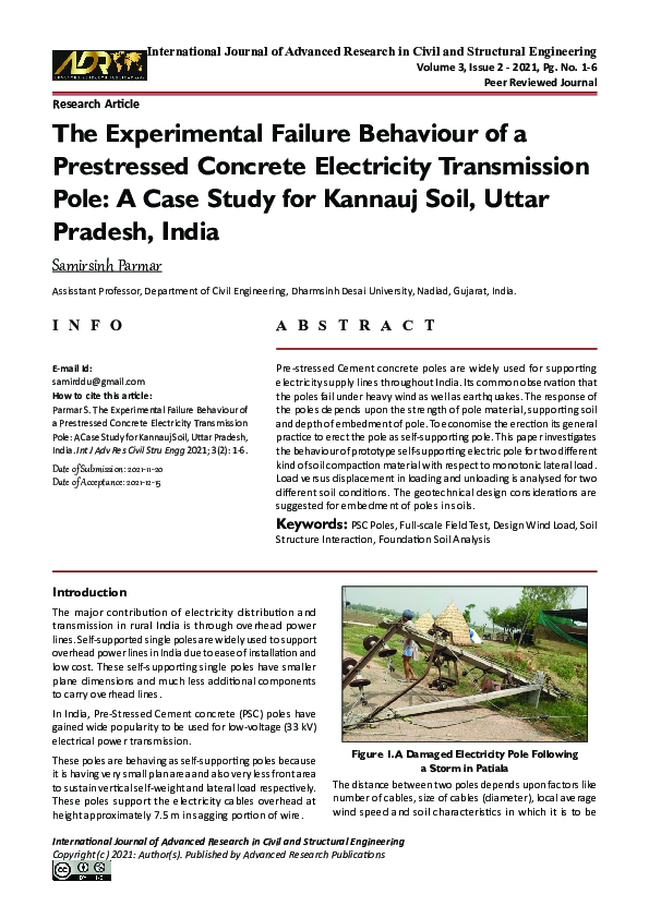 (PDF) The Experimental Failure Behaviour of a Prestressed Concrete Electricity Transmission Pole ...