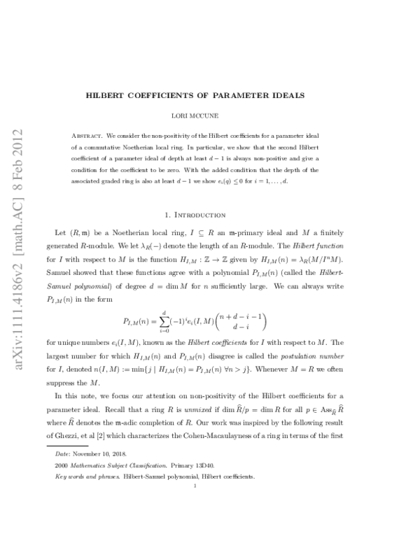 (PDF) Hilbert coefficients of parameter ideals | Lori McCune - Academia.edu