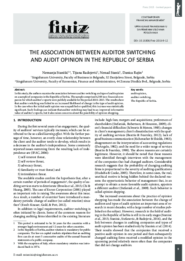 (PDF) The Association Between Auditor Switching and Audit Opinion in the Republic of Serbia